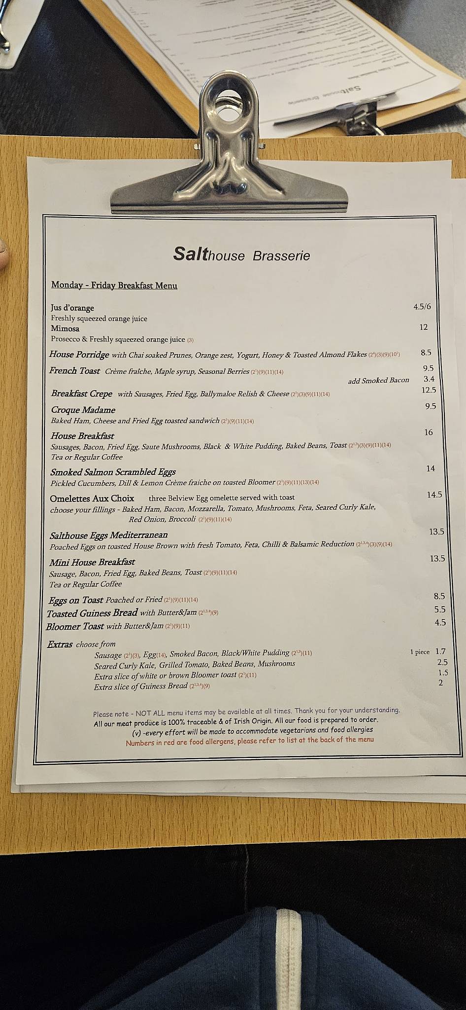 Menu at Salthouse Brasserie cafe, Drogheda, 1 N Quay
