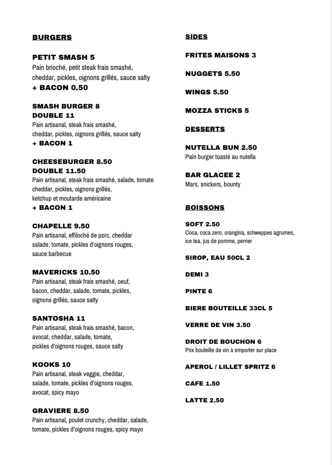 Menu au Salty Burger restaurant, Labenne