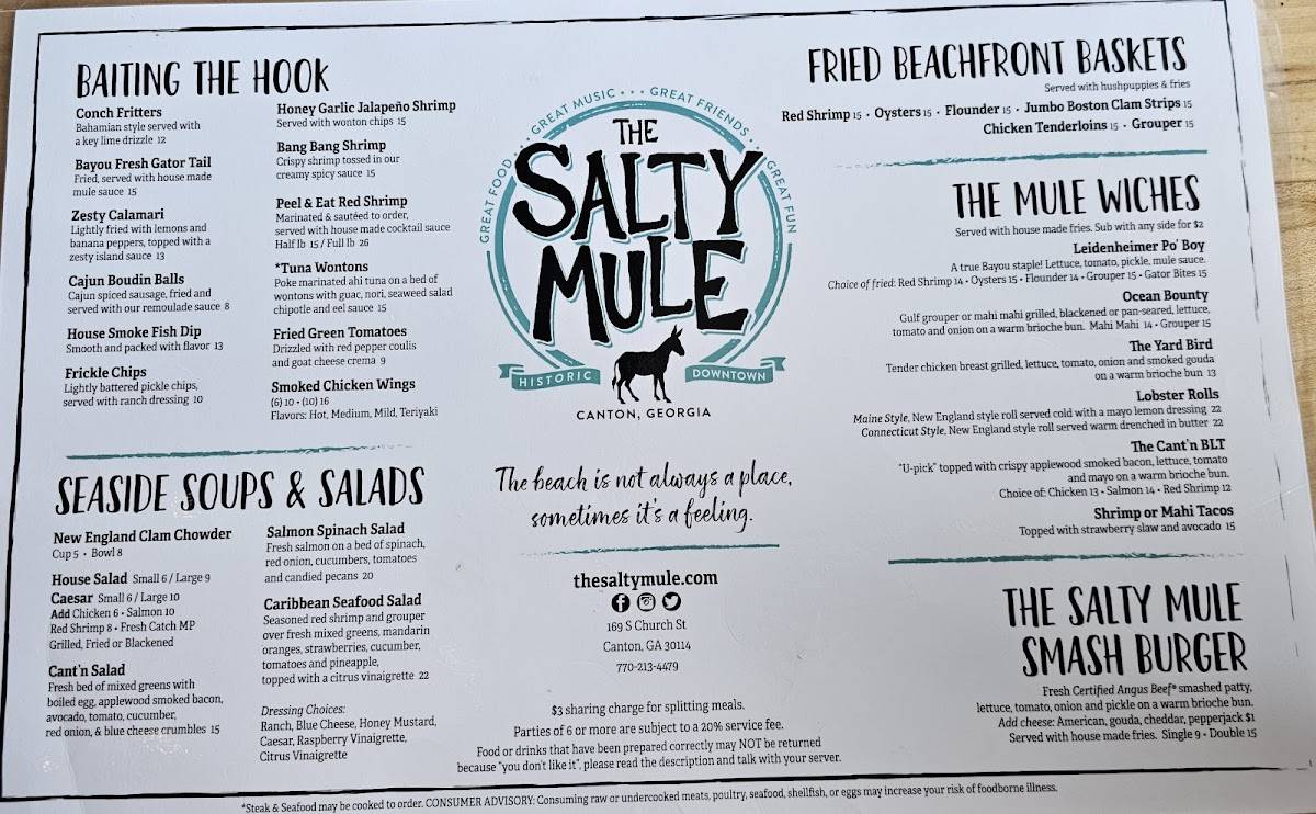 Menu at Salty Mule restaurant, Canton