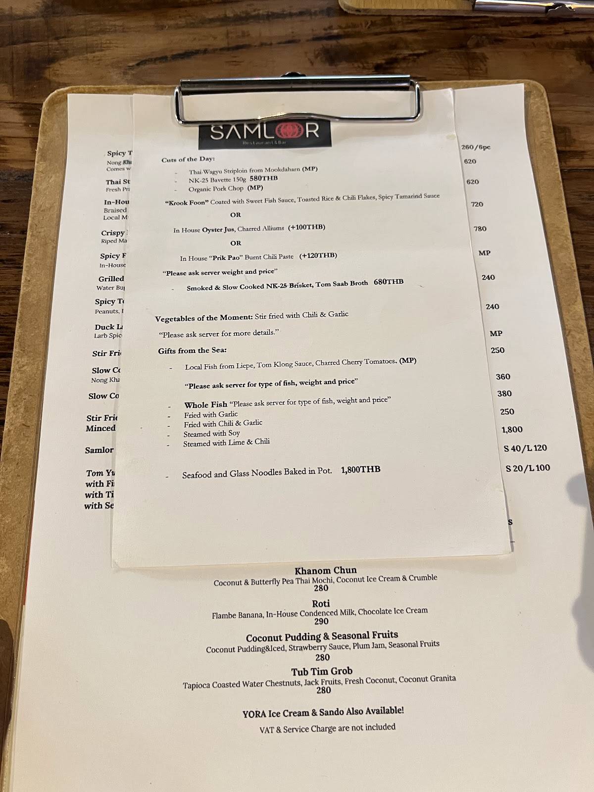 Carta del restaurante Sam Lor, Bangkok