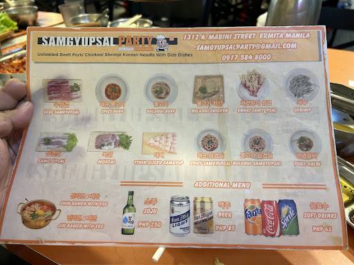 Menu at Samgyupsal Party restaurant, Manila, A. Mabini St