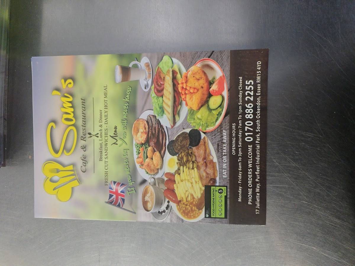 Menu at Sam's Cafe, South Ockendon