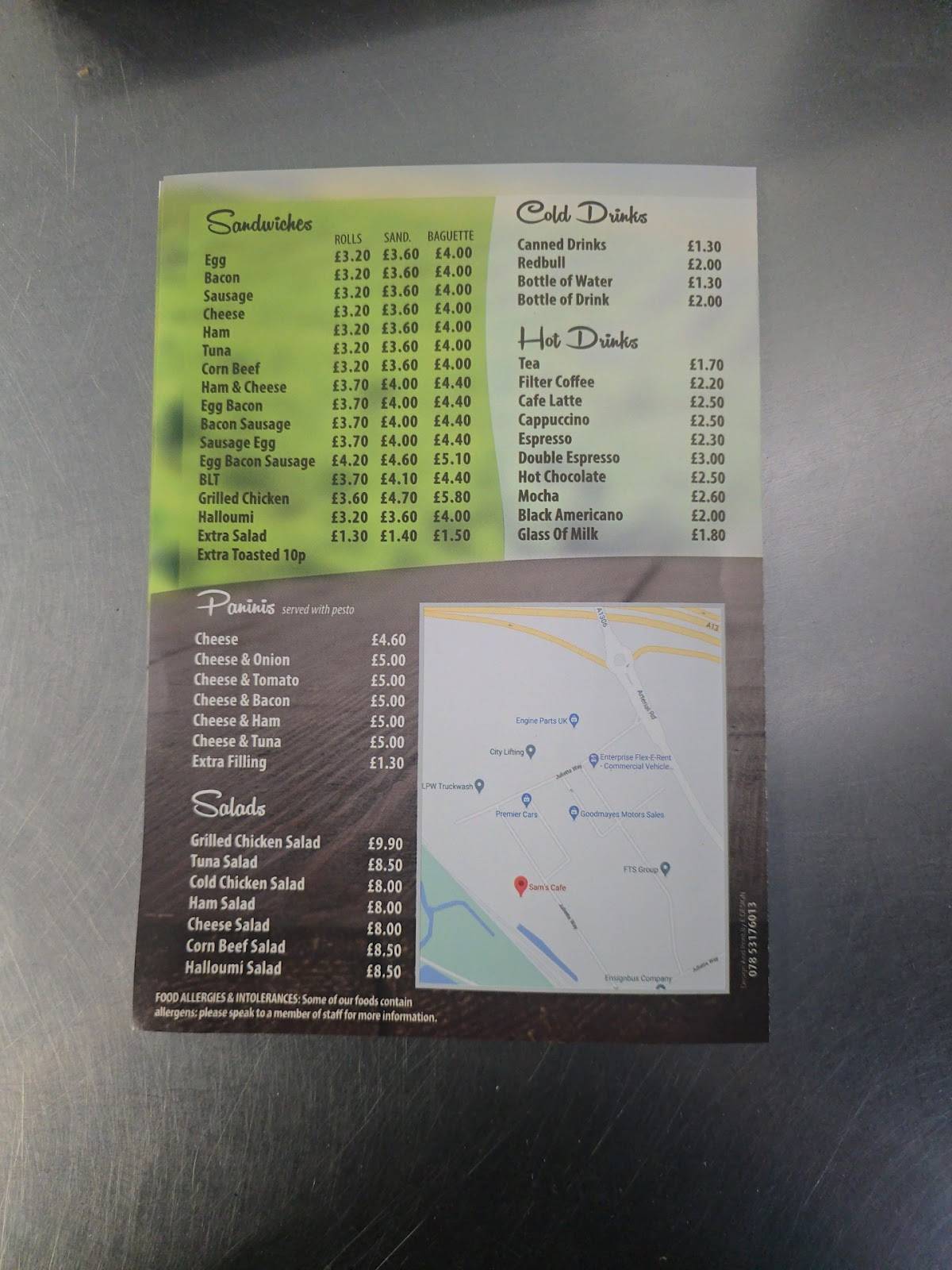 Menu at Sam's Cafe, South Ockendon