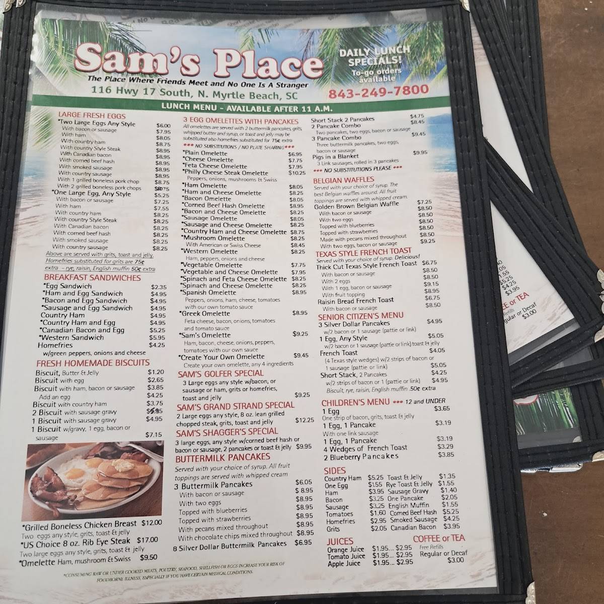 Menu at Sam's Place restaurant, North Myrtle Beach