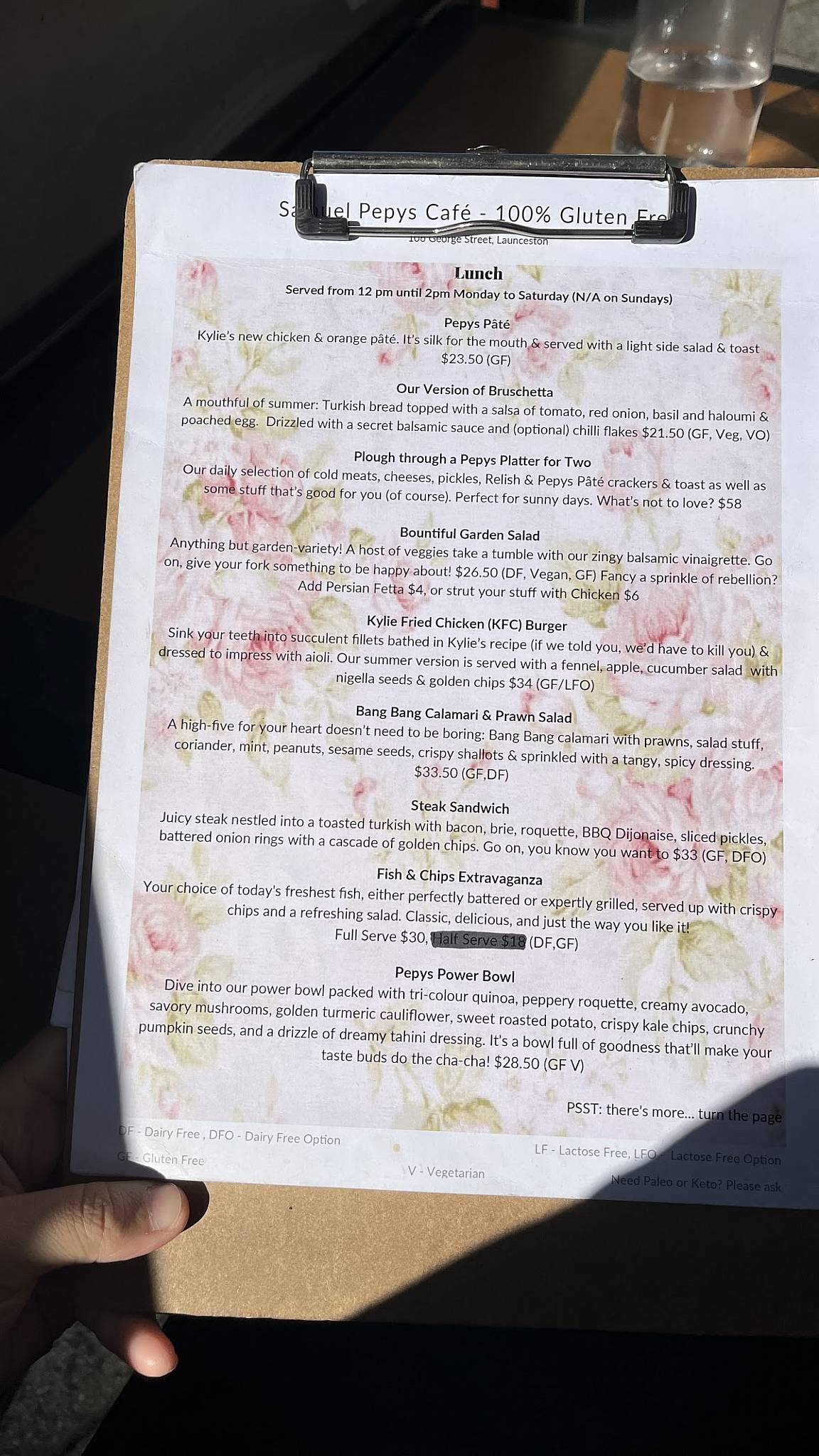 Menu at Samuel Pepy's Cafe, Launceston