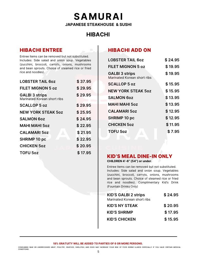 Menu at Samurai Japanese Steakhouse & Sushi, Bullhead City