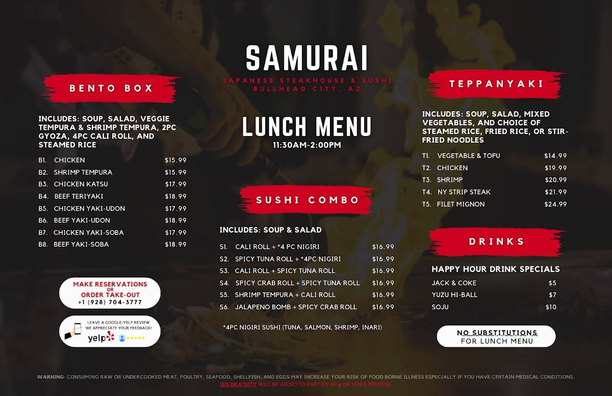 Menu at Samurai Japanese Steakhouse & Sushi, Bullhead City