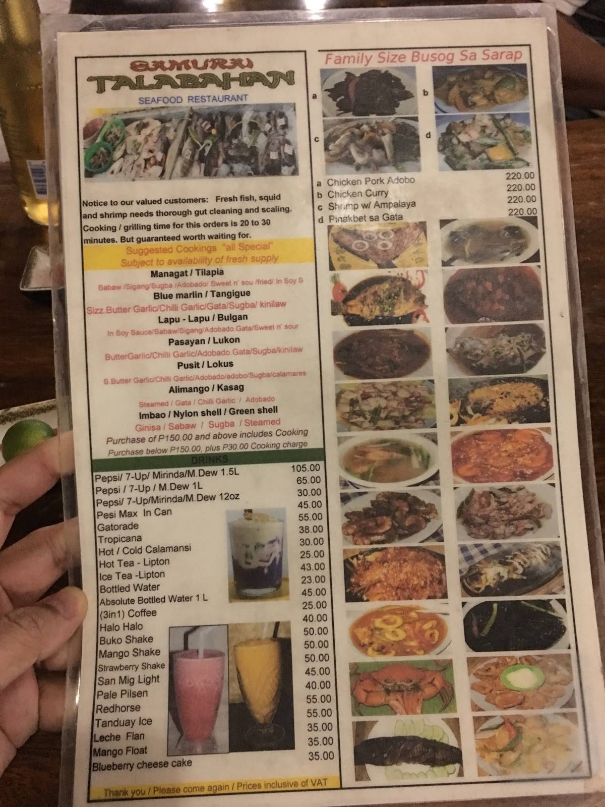 Menu at Samurai Talabahan restaurant, Iloilo City