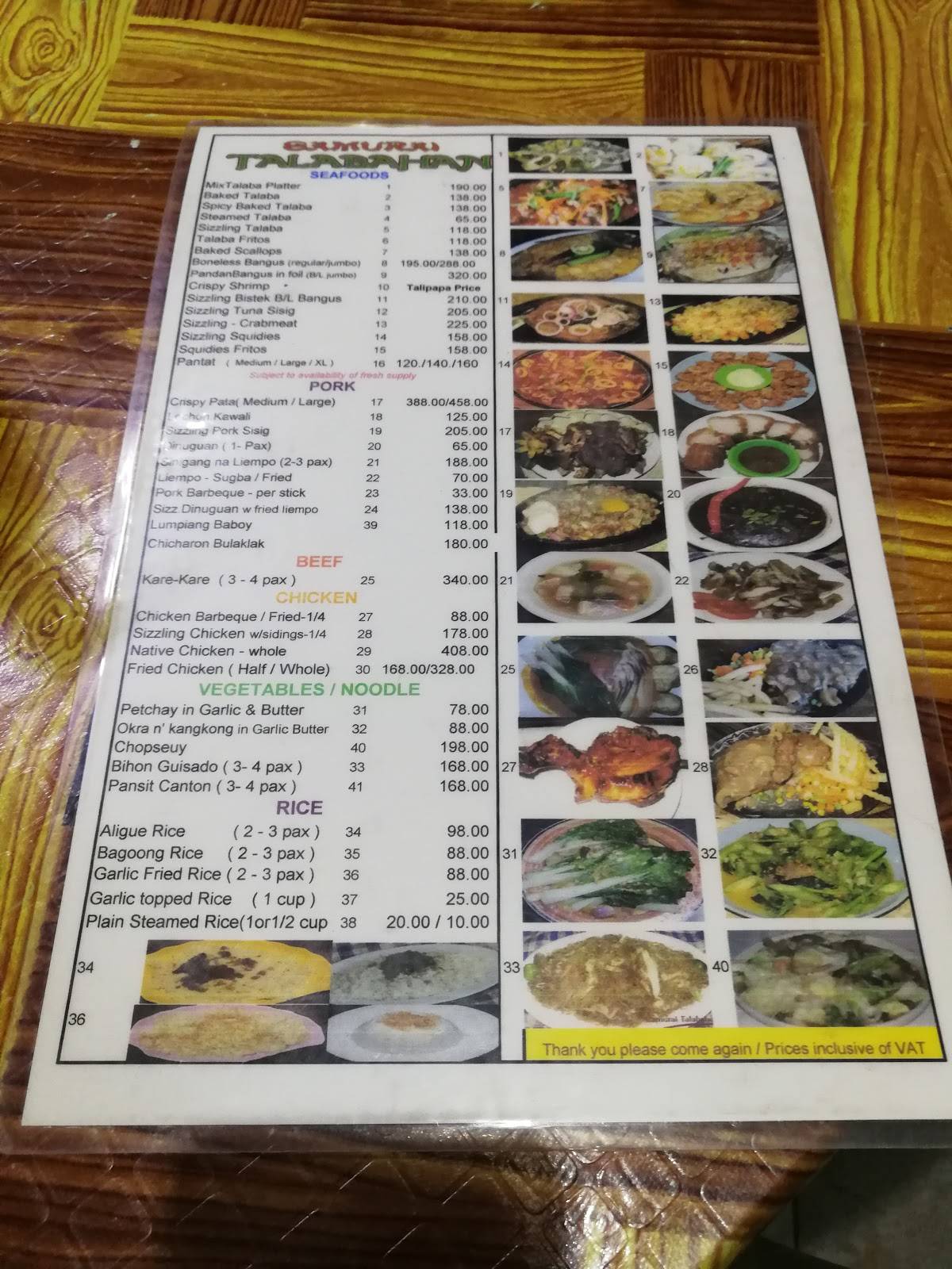 Menu at Samurai Talabahan restaurant, Iloilo City