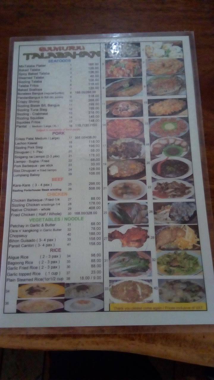 Menu at Samurai Talabahan restaurant, Iloilo City