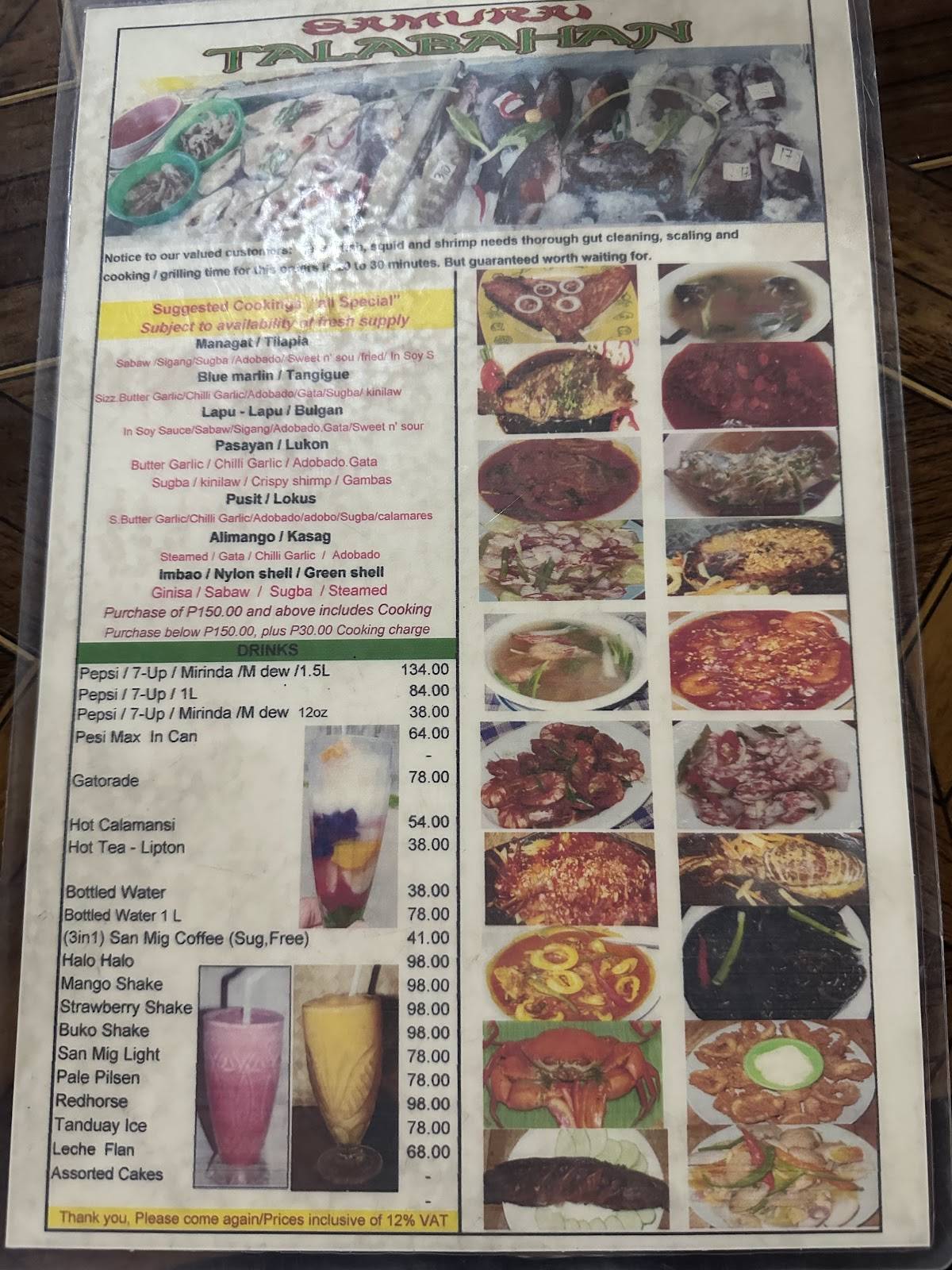 Menu at Samurai Talabahan restaurant, Iloilo City