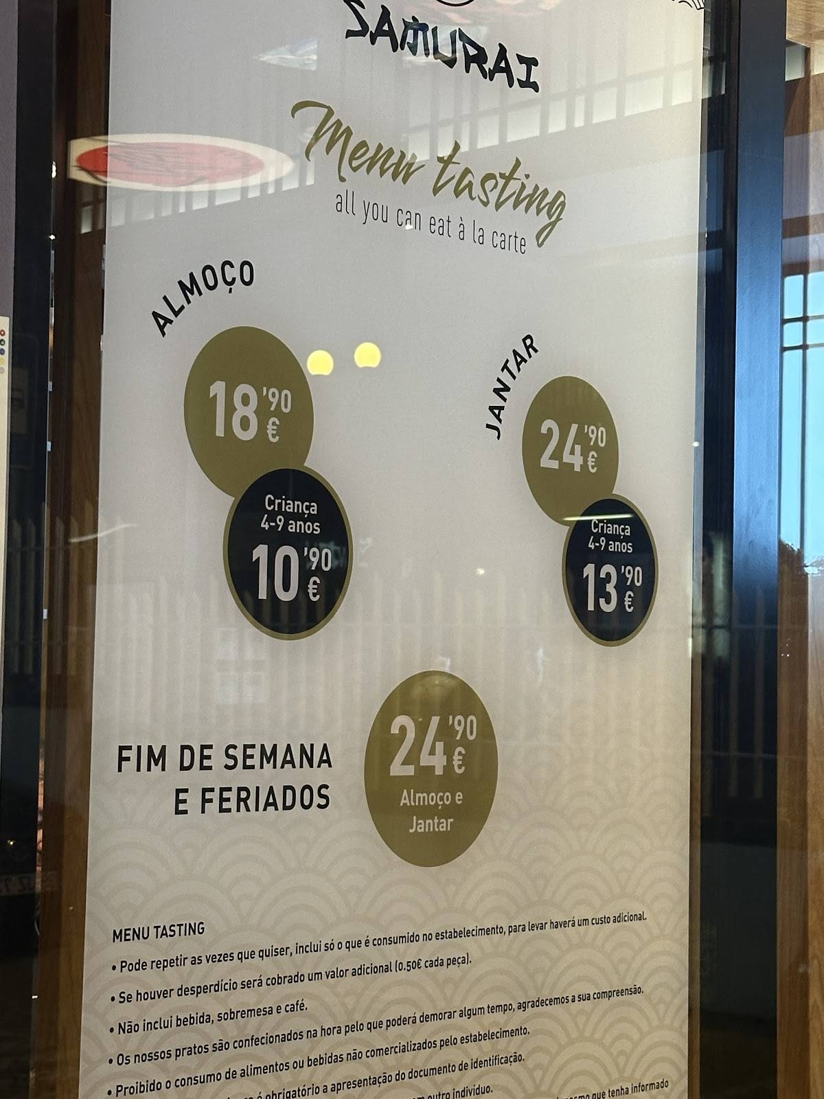 Menu at Samurai restaurant, Sintra