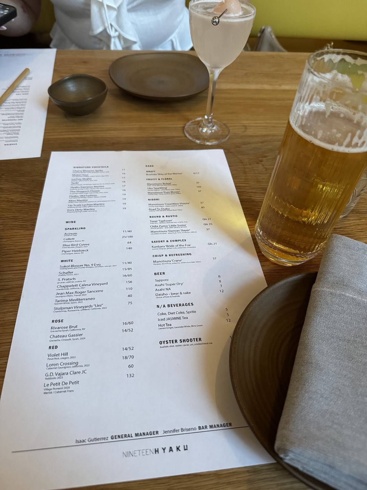 Menu at Nineteen Hyaku restaurant, San Antonio