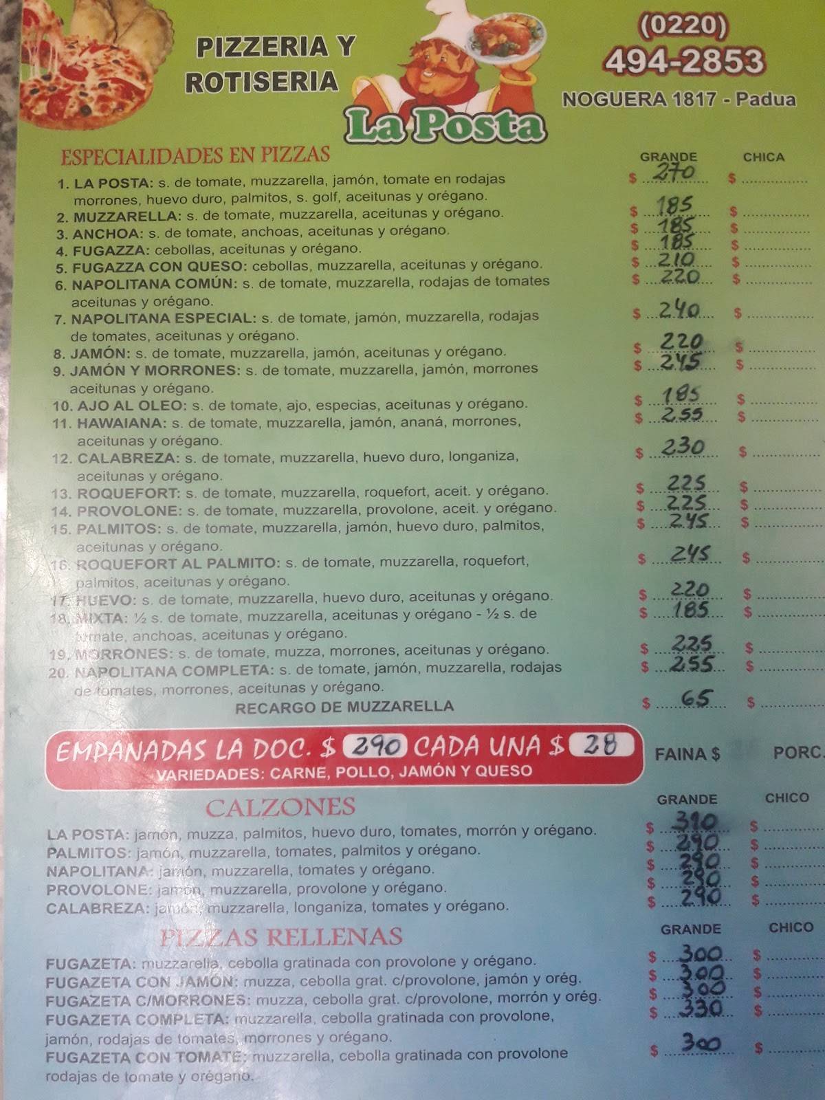 Carta del restaurante La Posta, San Antonio del Padua