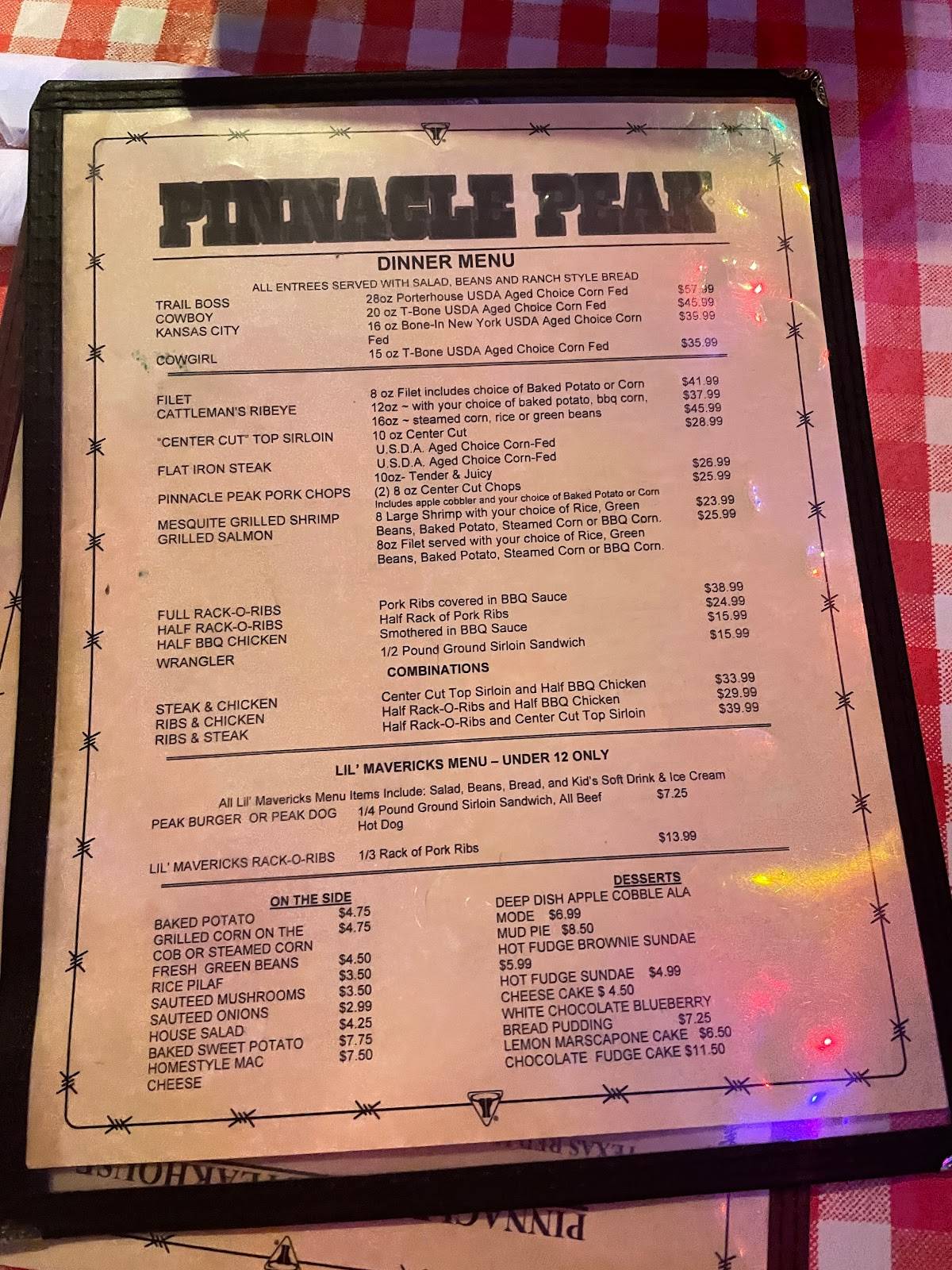 Menu at Pinnacle Peak Steakhouse, San Dimas