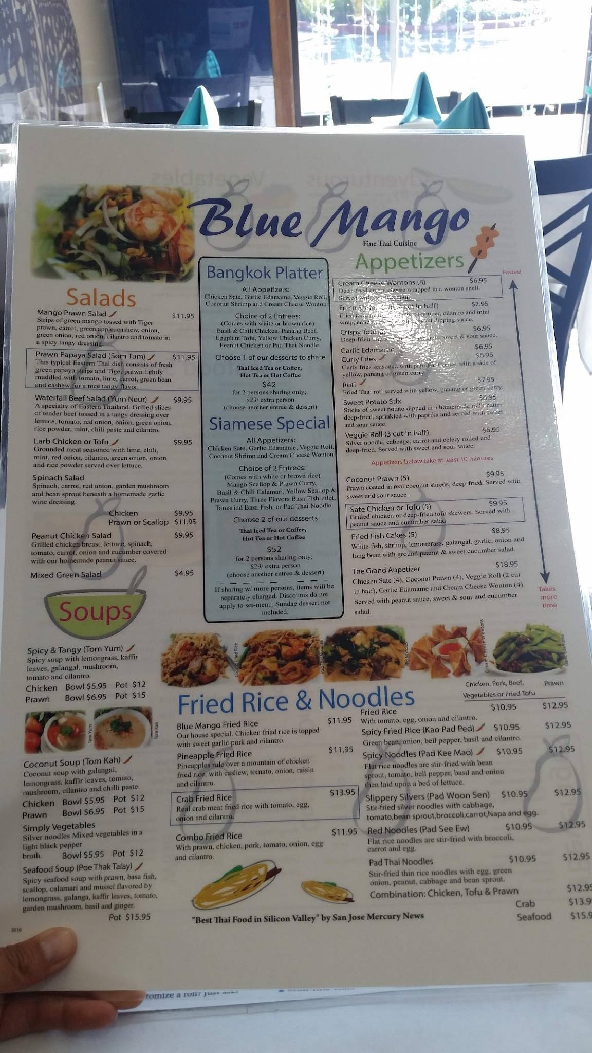 Menu at Blue Mango restaurant, San Jose, 635 Coleman Ave