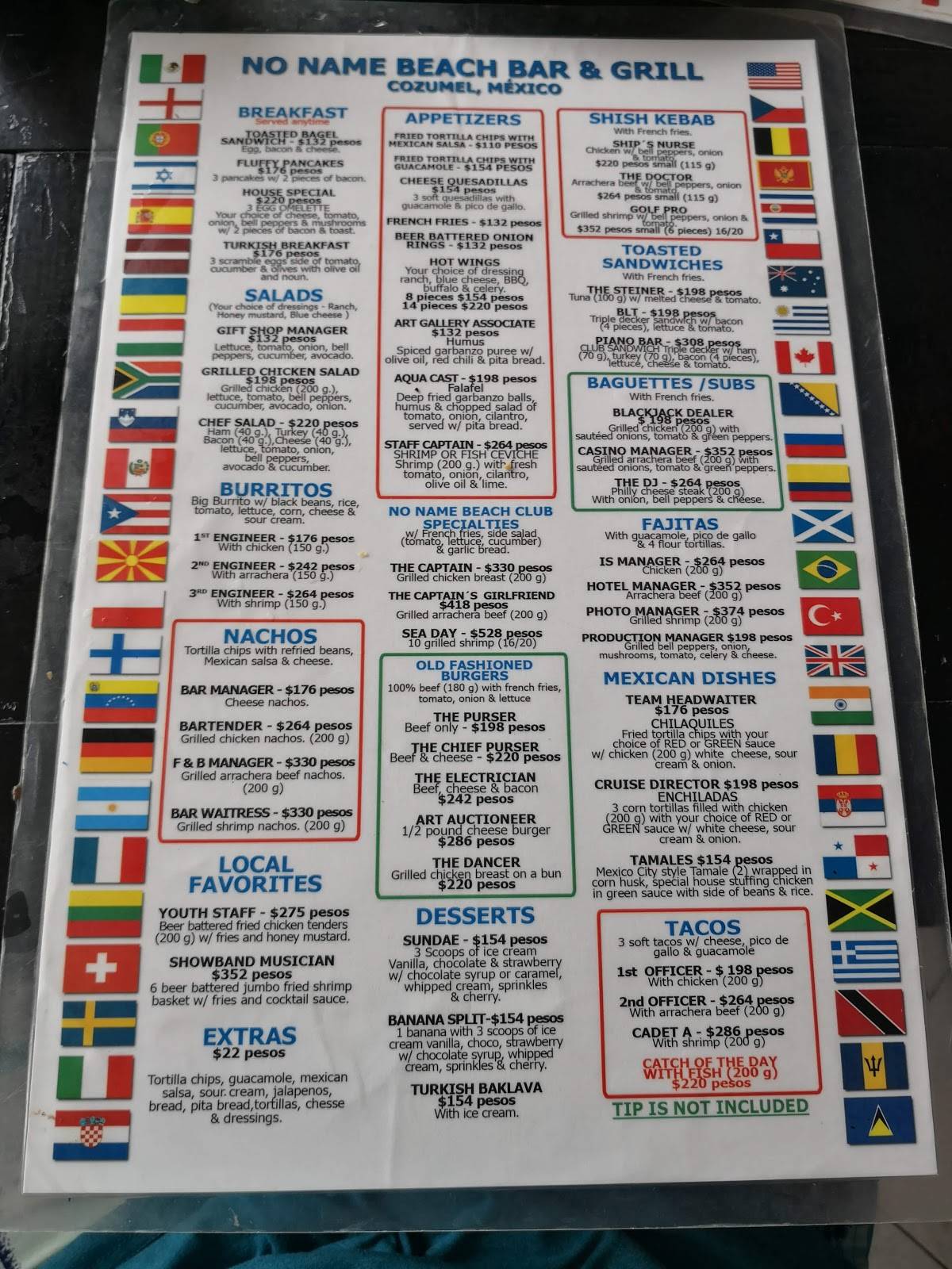 Menu at No Name Bar, San Miguel de Cozumel