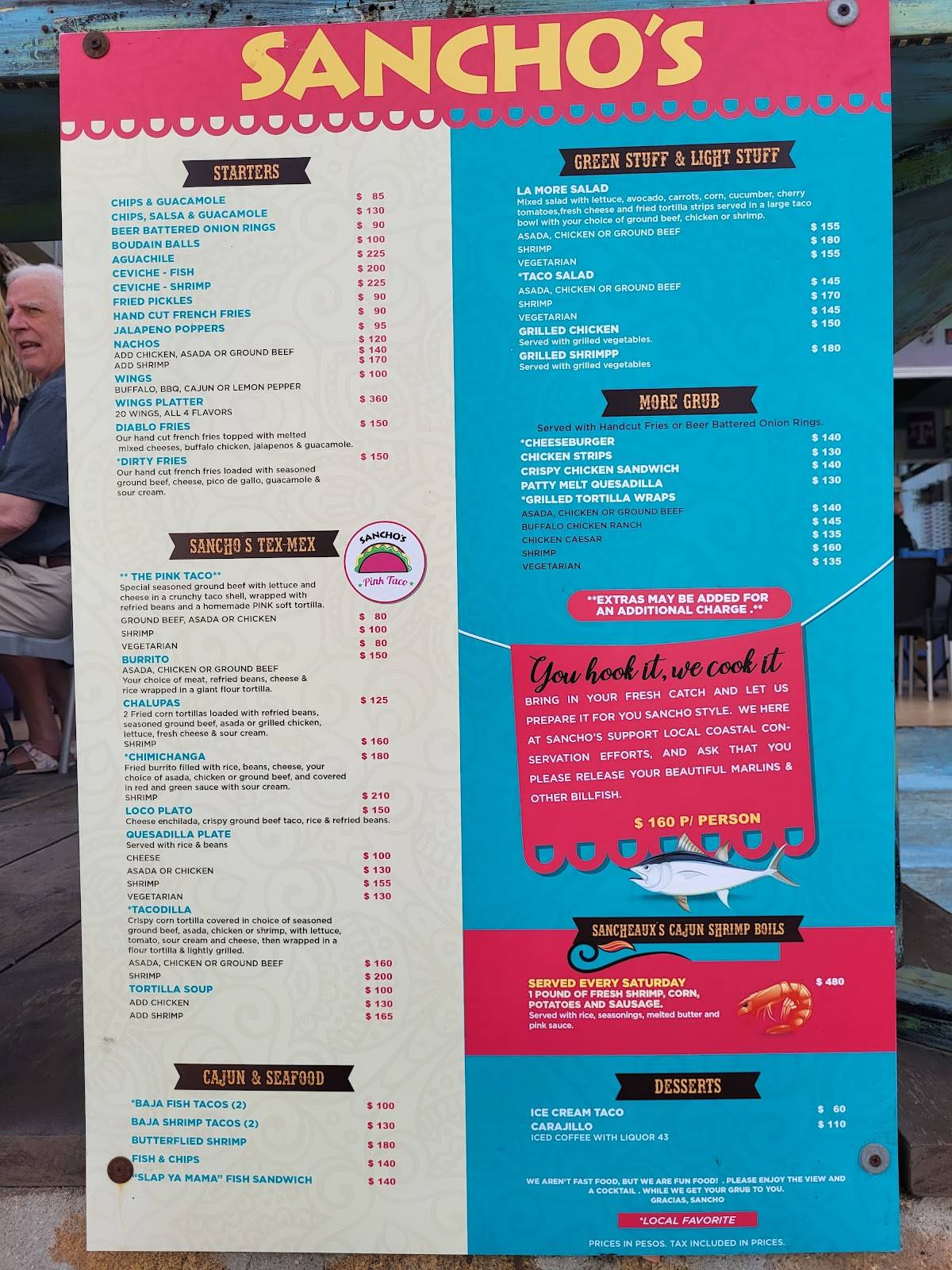 Menu at Sancho's Bar, Cabo San Lucas