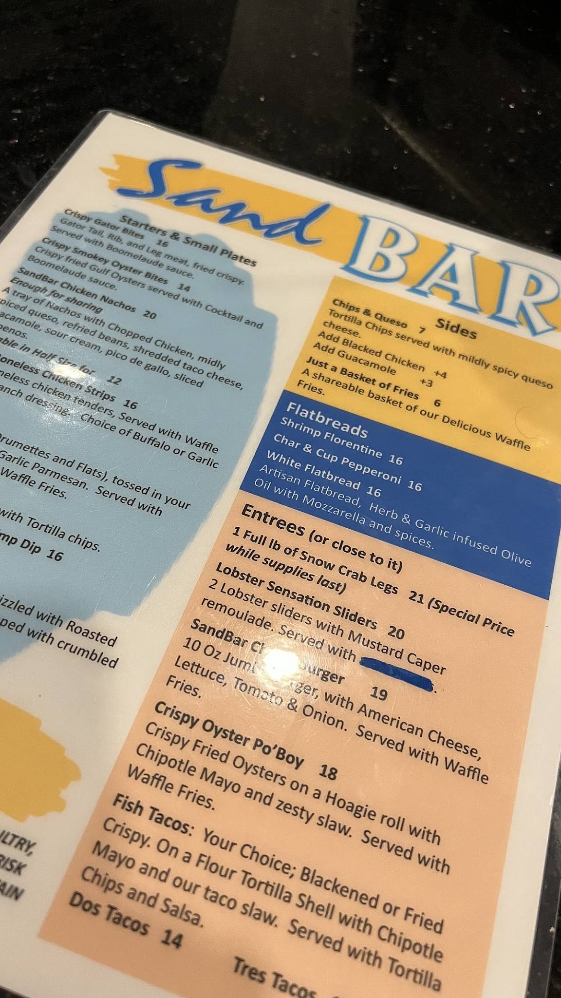 Menu at SandBar, Islamorada