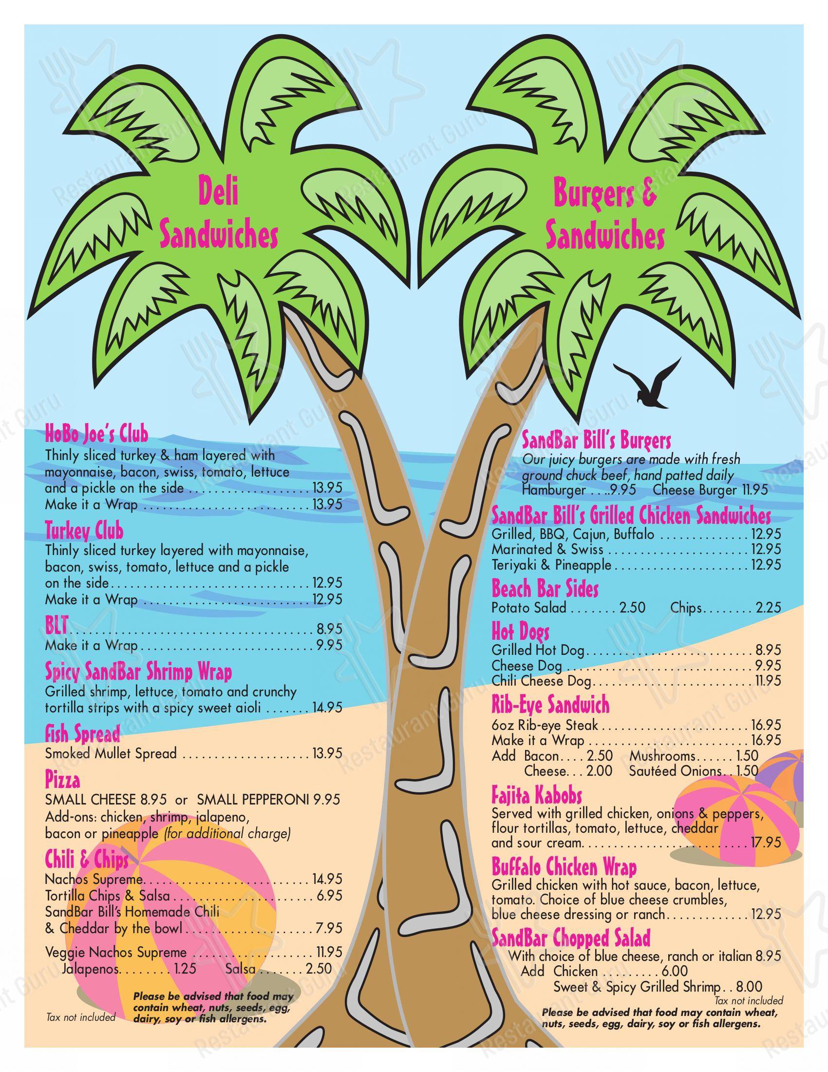 Menu at Sandbar Bill's Bar and Grille, Saint Pete Beach