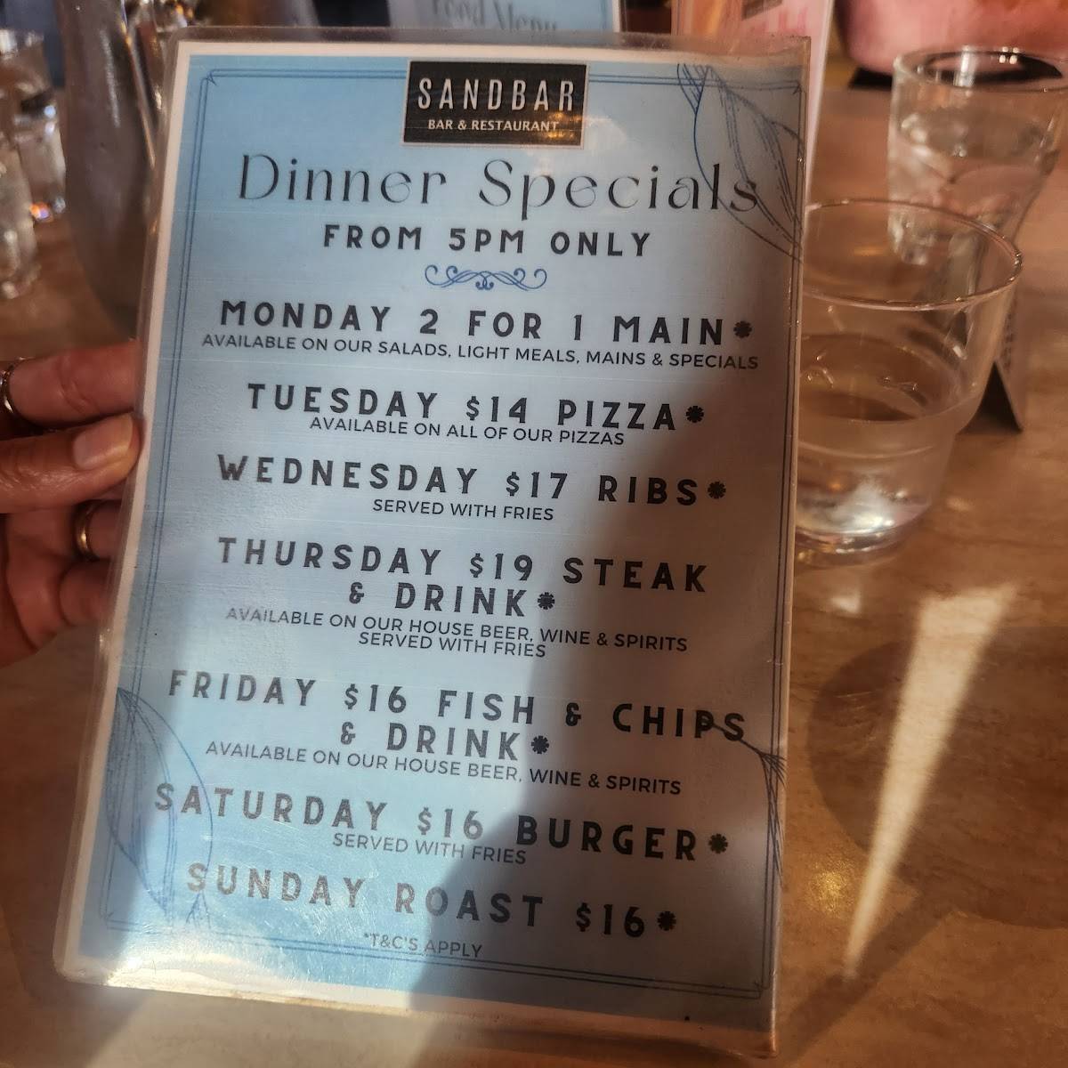 Menu at Sandbar Pub, Porirua