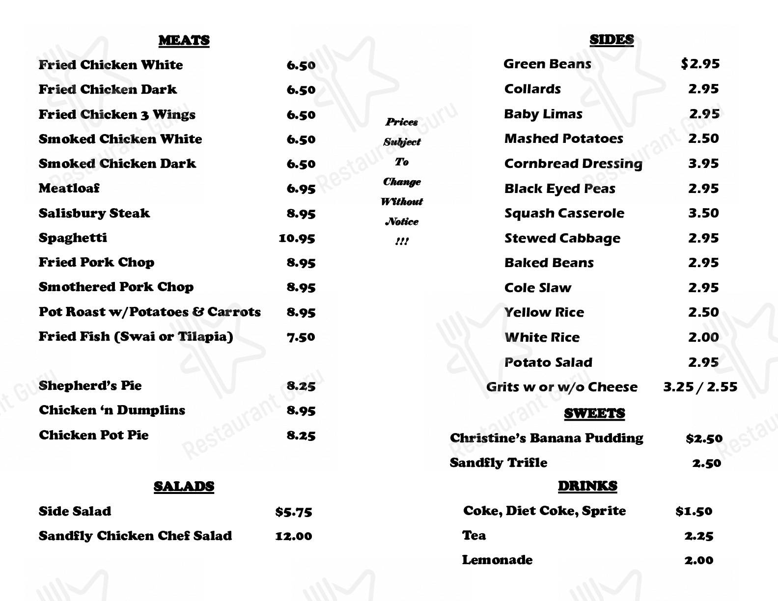 Menu at Sandfly's Southern Soul restaurant, Savannah