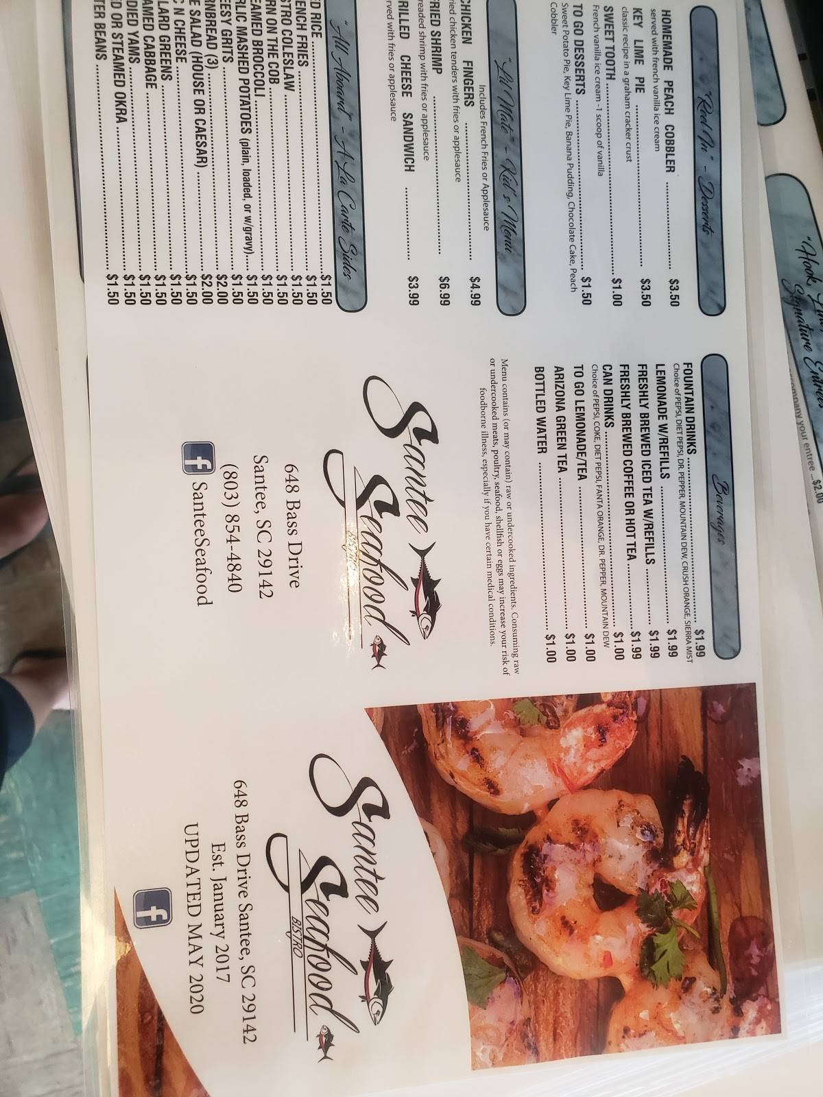Menu at Santee Seafood Bistro pub & bar, Santee, 648 Bass Dr