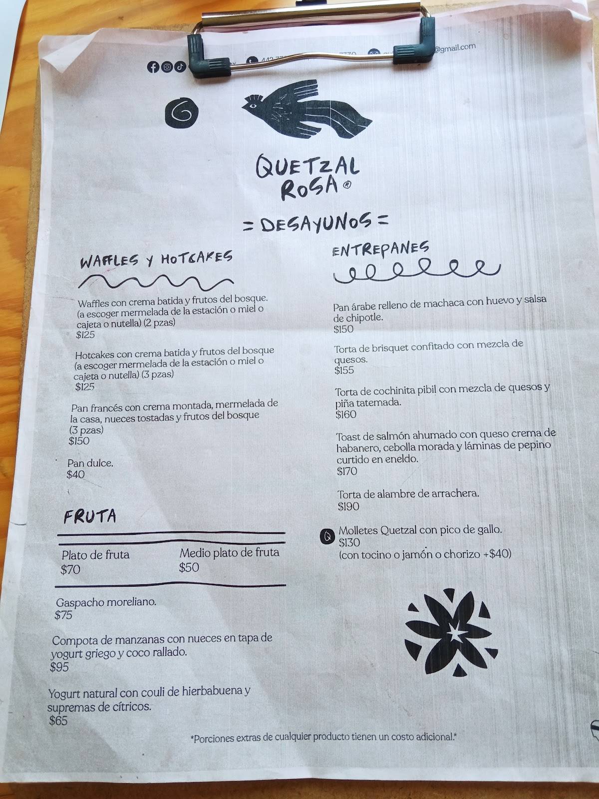 Carta del restaurante Quetzal Rosa, Santiago del Querétaro