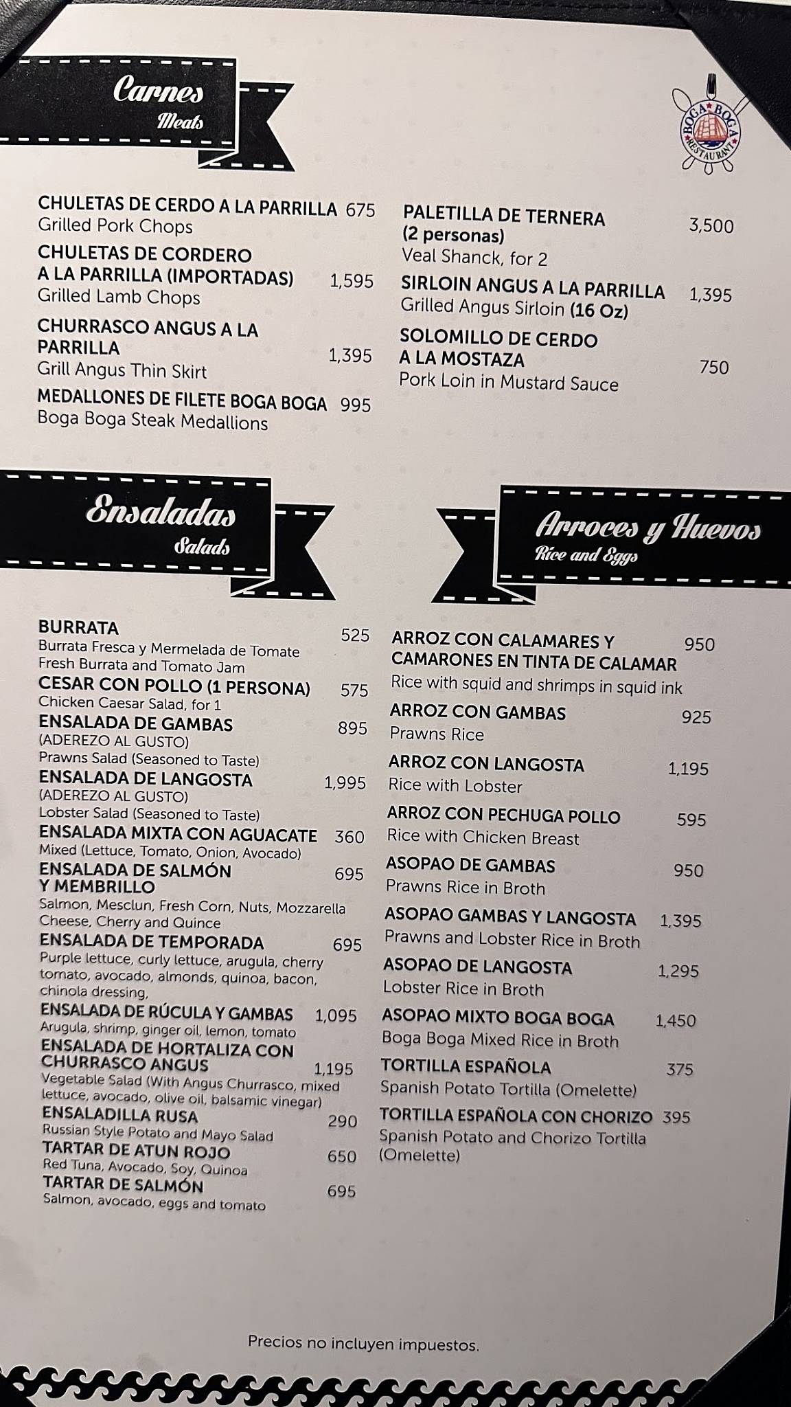 Menu at Boga Boga restaurant, Santo Domingo