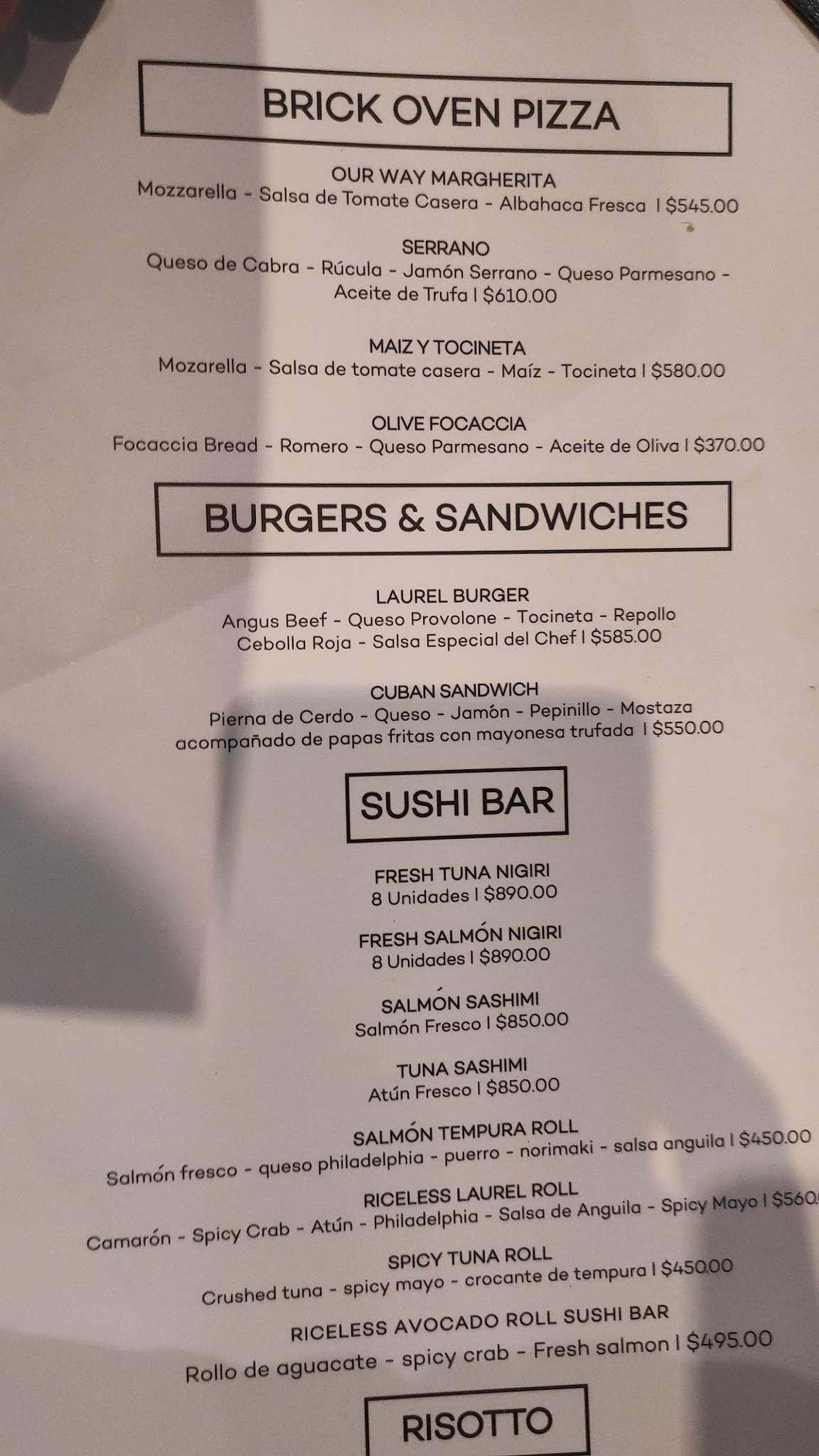 Carta del restaurante Laurel, Santo Domingo