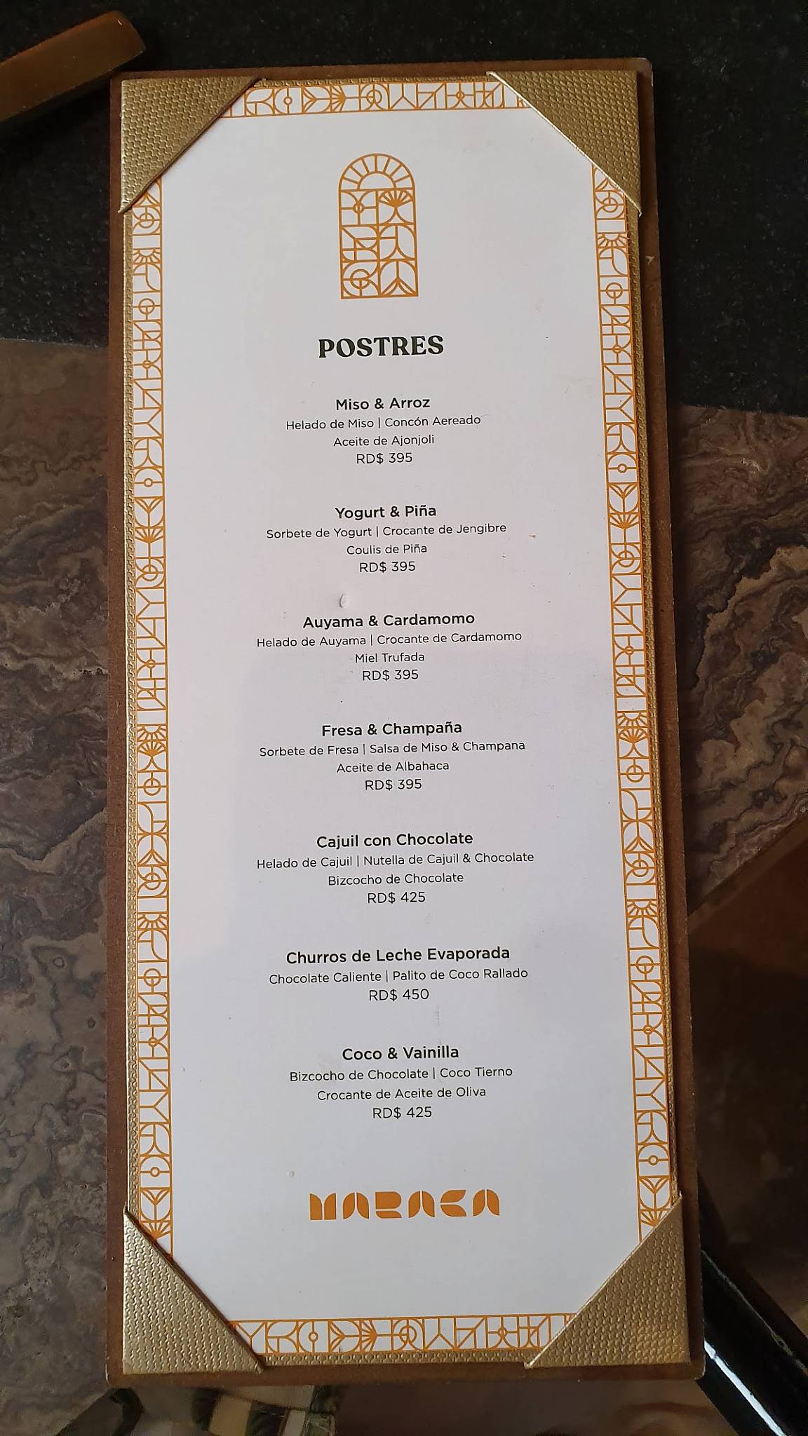 Menu at Maraca restaurant, Santo Domingo