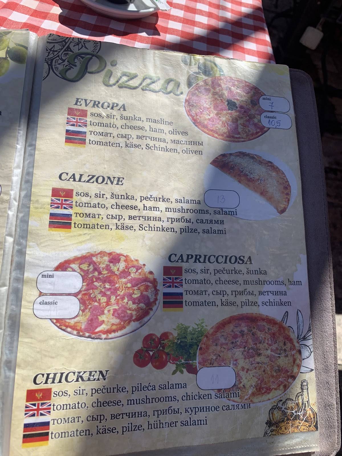 Menu at Sara restaurant, Kotor