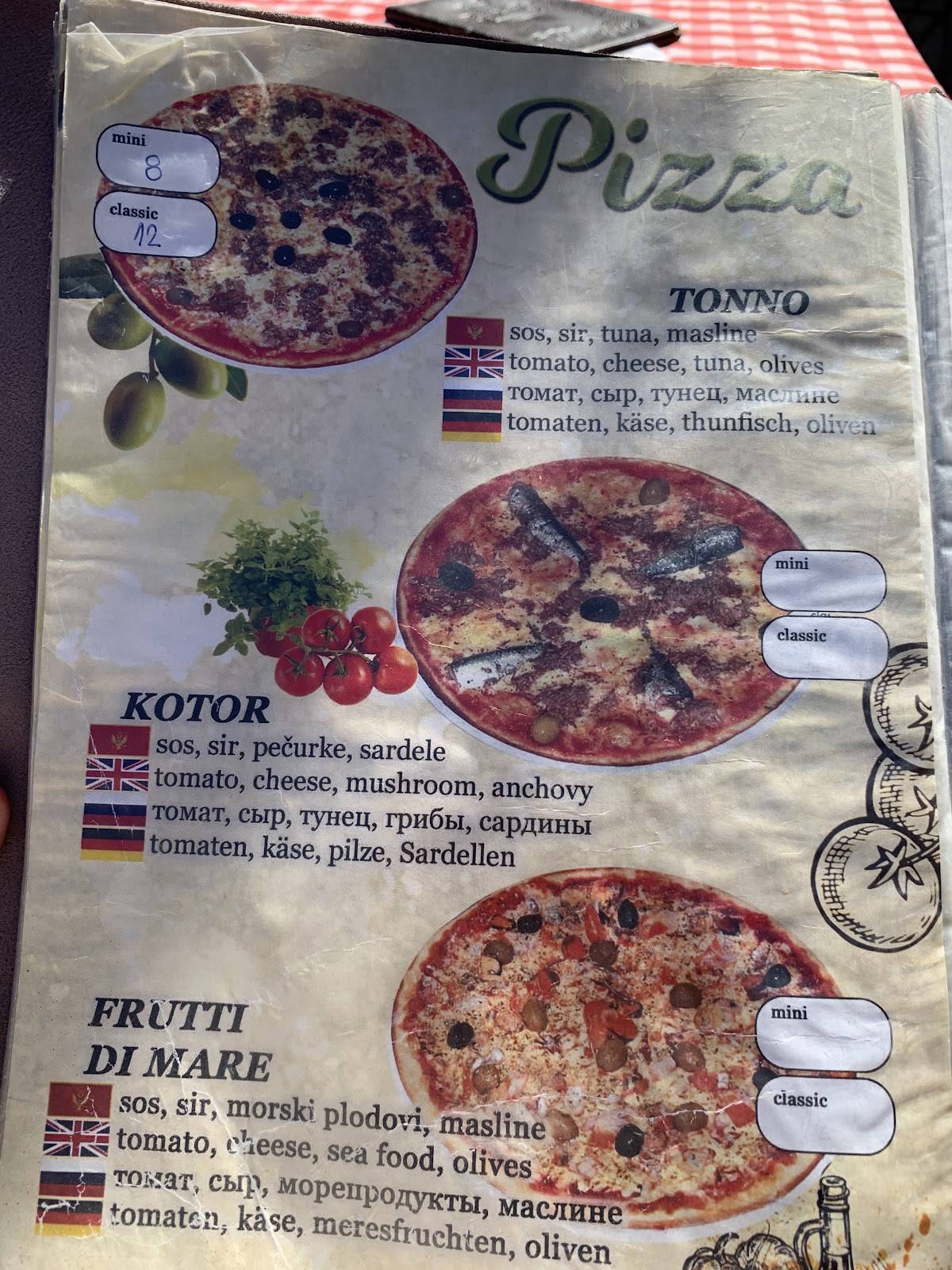 Menu at Sara restaurant, Kotor
