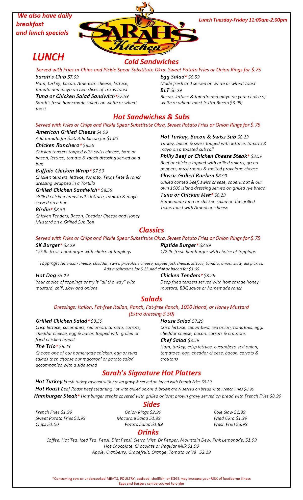 Menu at Sarah's Kitchen restaurant, Ocean Isle Beach