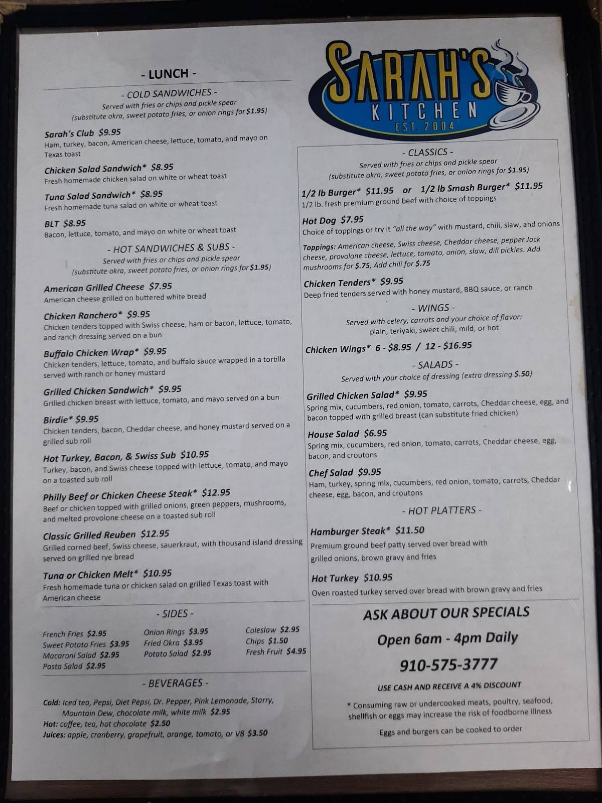 Menu at Sarah's Kitchen restaurant, Ocean Isle Beach