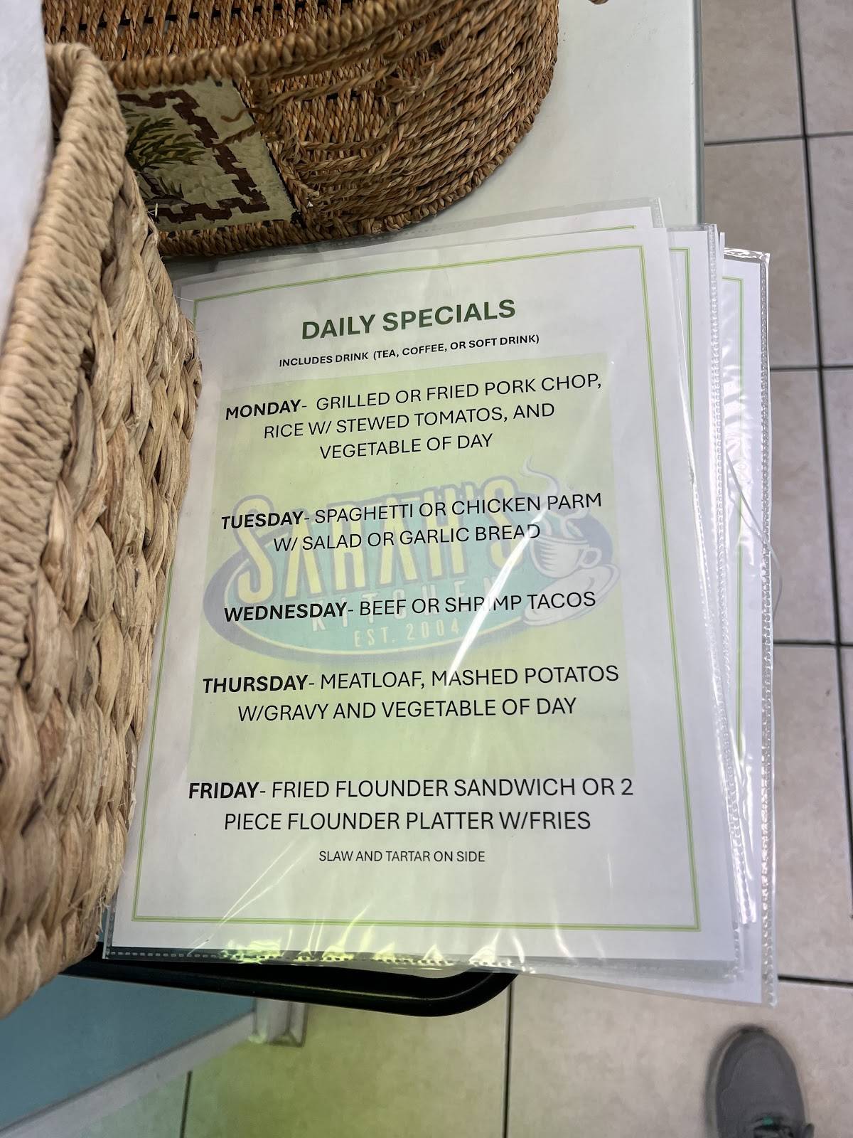 Menu at Sarah's Kitchen restaurant, Ocean Isle Beach