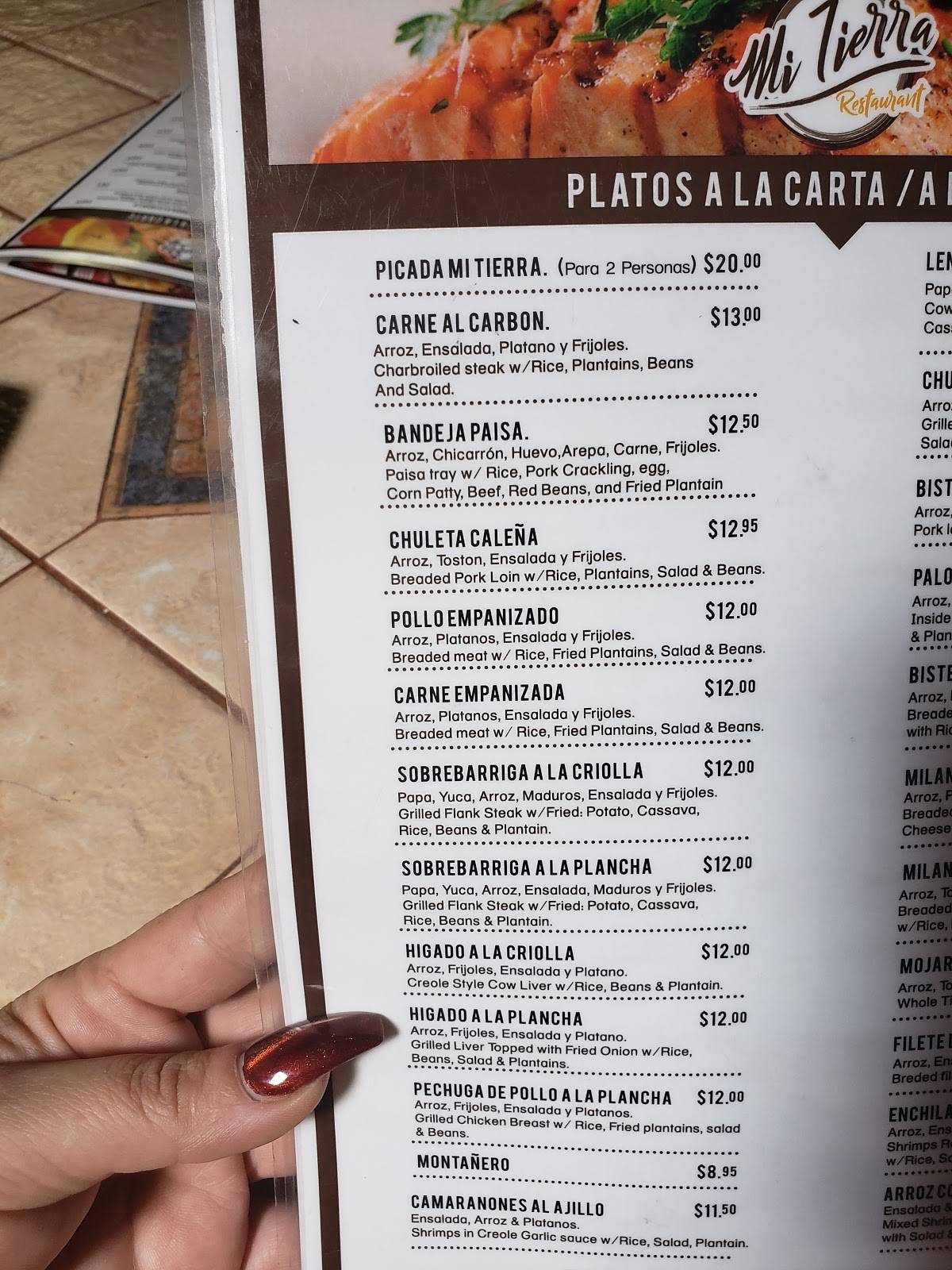 Menu at Mi Tierra Restaurant, Sarasota