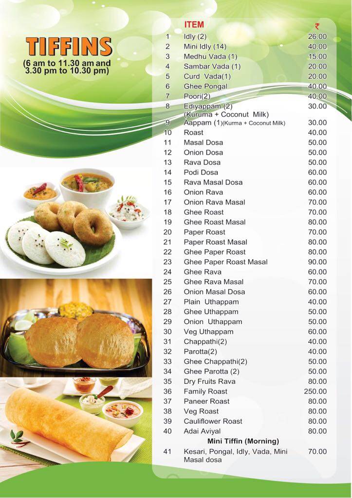 Menu at Saravana Bhavan, Karaikudi
