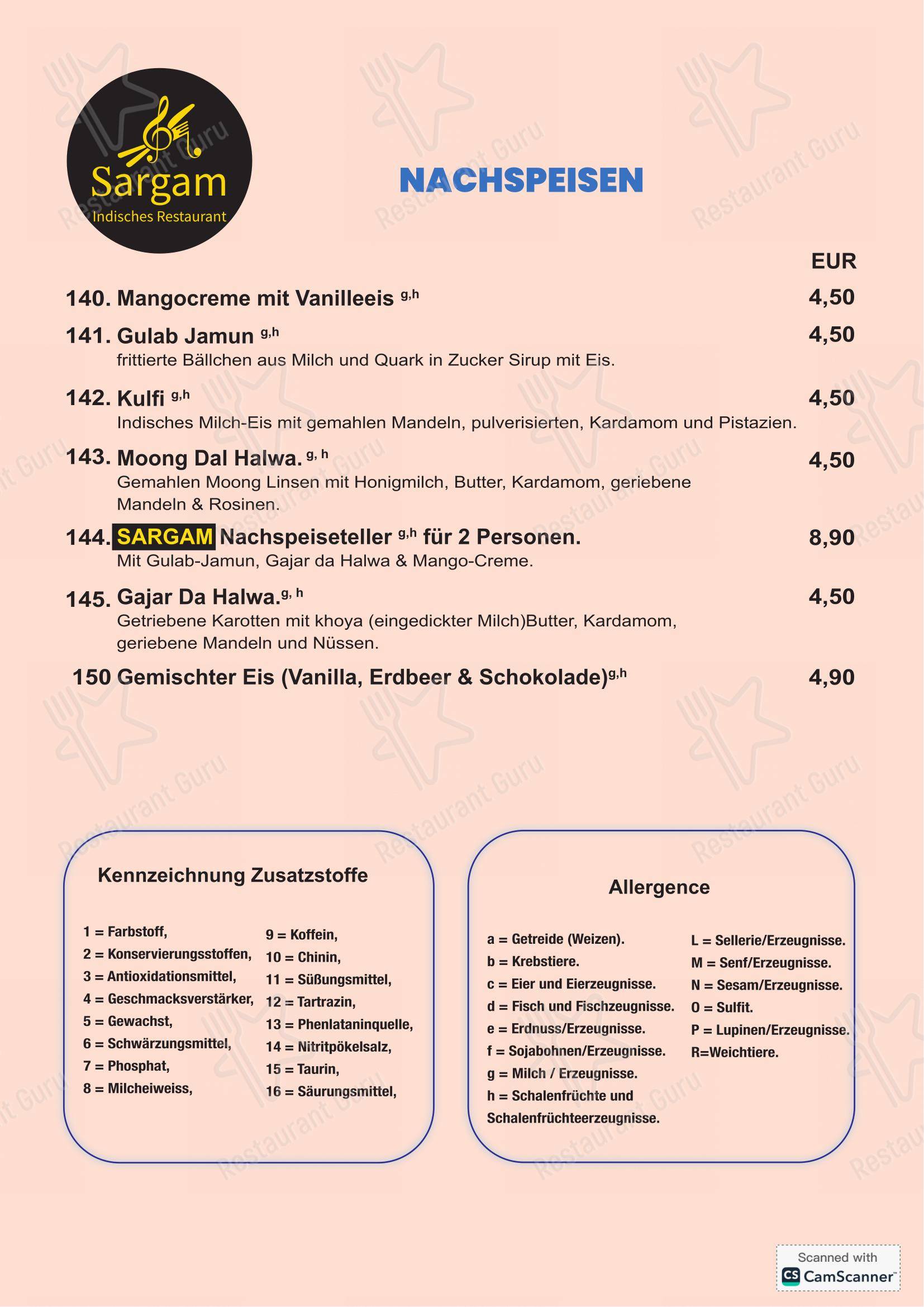 Speisekarte von Sargam Indisches Restaurant, Kirchseeon