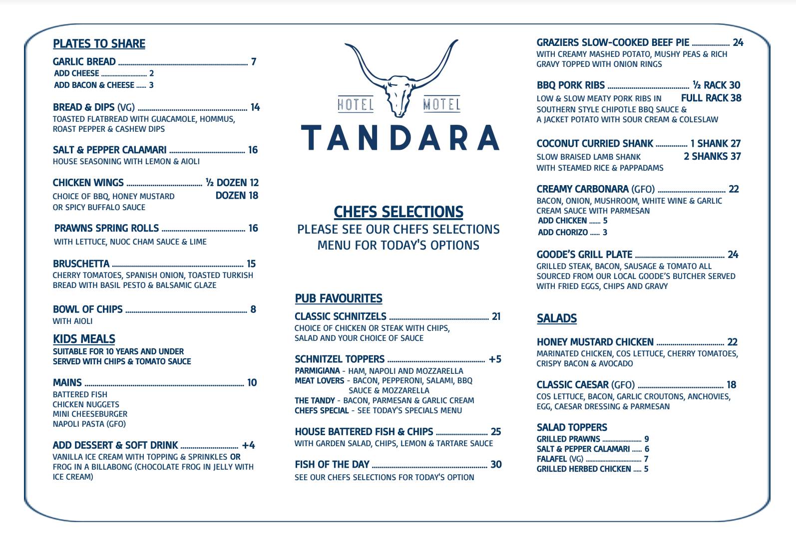 Menu at Tandara Hotel pub & bar, Sarina
