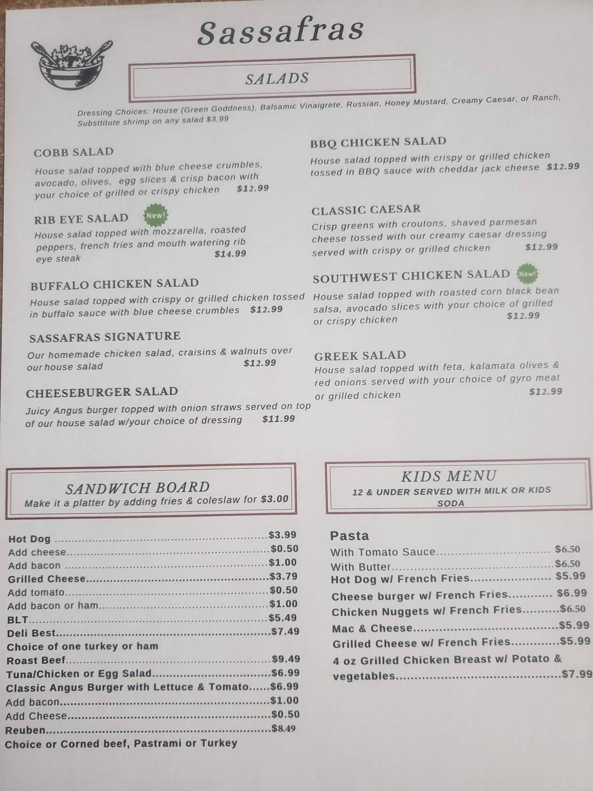Menu at Sassafras Restaurant & Ice Cream, Shelton