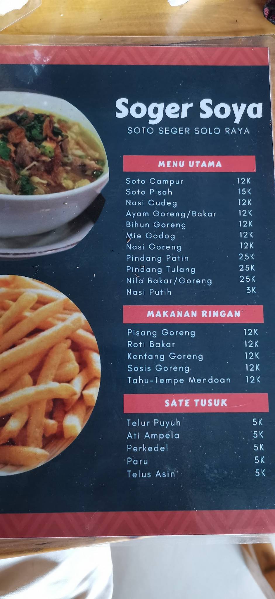 Menu at Sate Kambing Dan Ayam Pak Aji restaurant, Indonesia