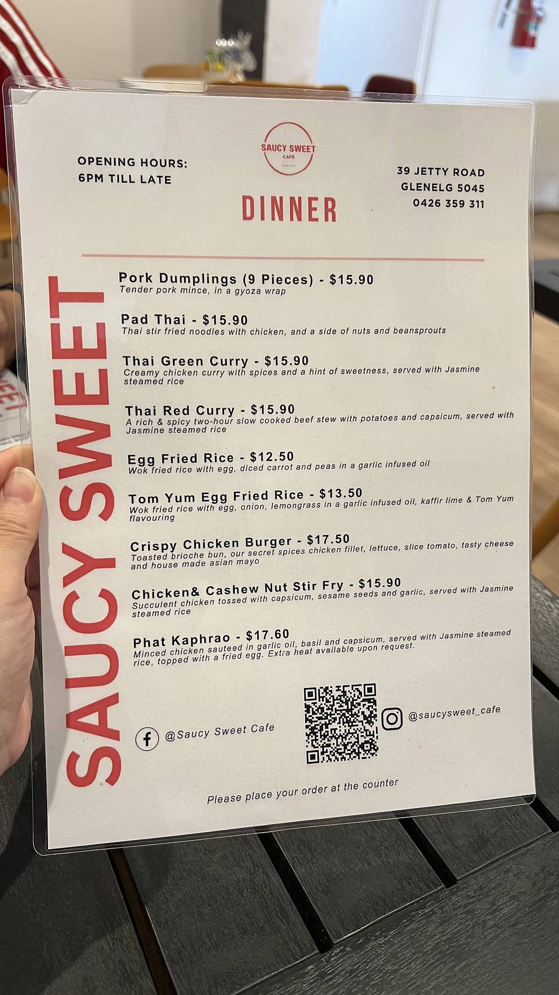 Menu at Saucy Sweet Cafe, Glenelg