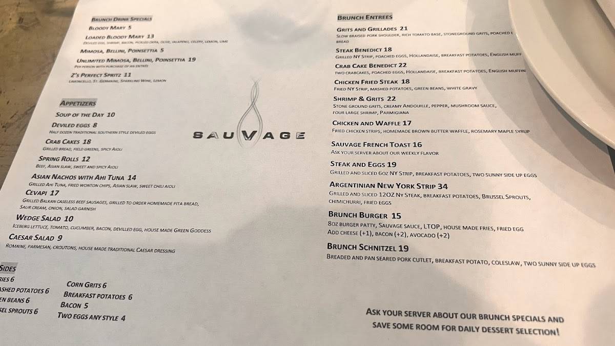 Menu at Sauvage pub & bar, Shreveport