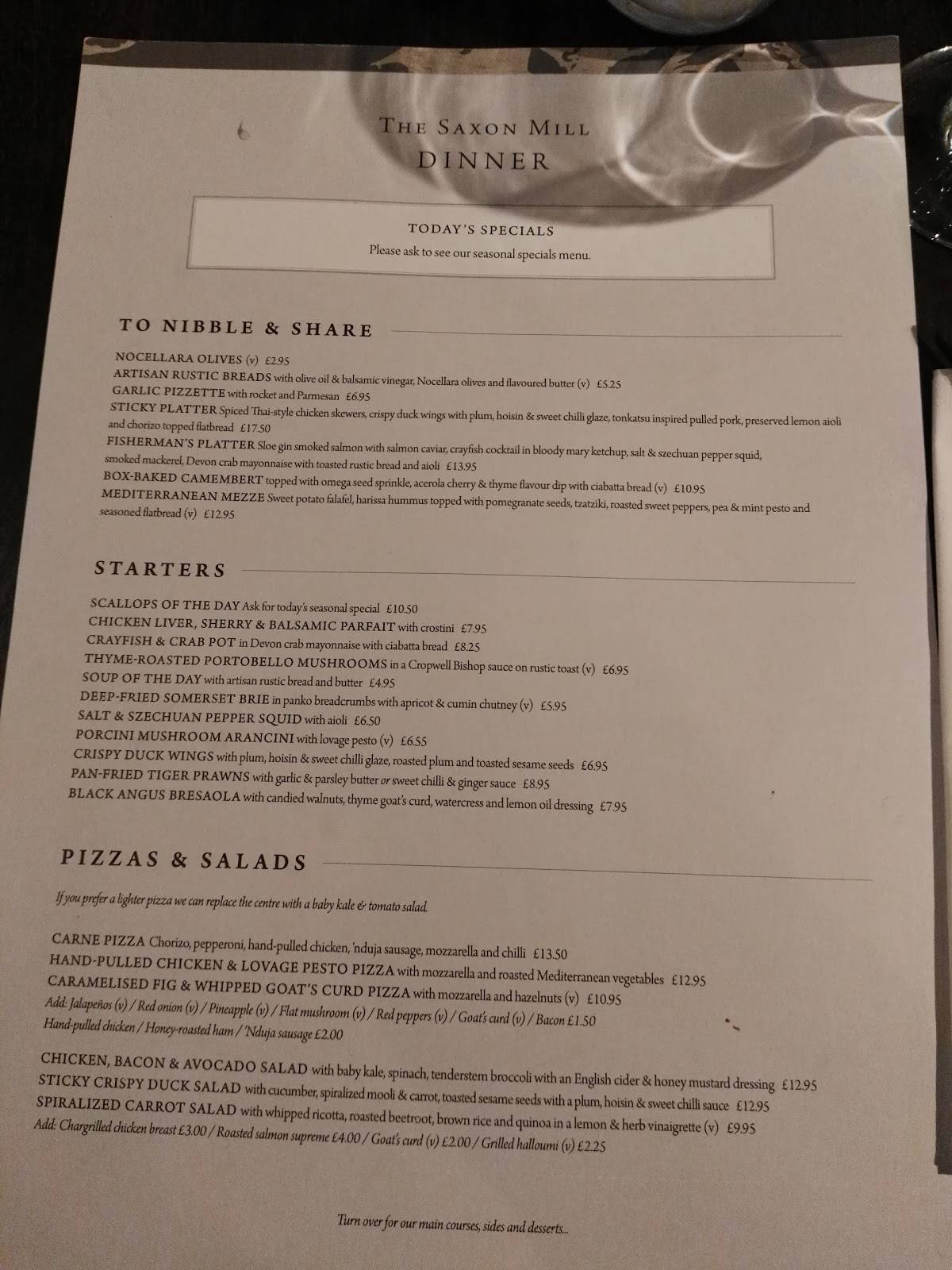Menu at Saxon Mill Warwick pub & bar, Warwick