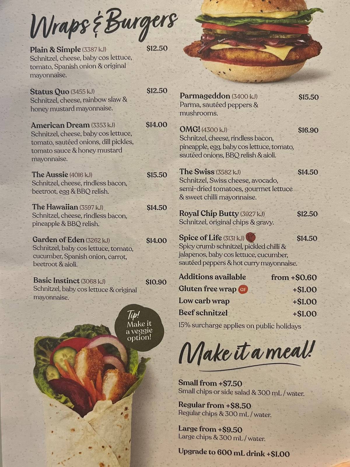 Menu at Schnitz QV fast food, Melbourne, 28 Artemis Ln