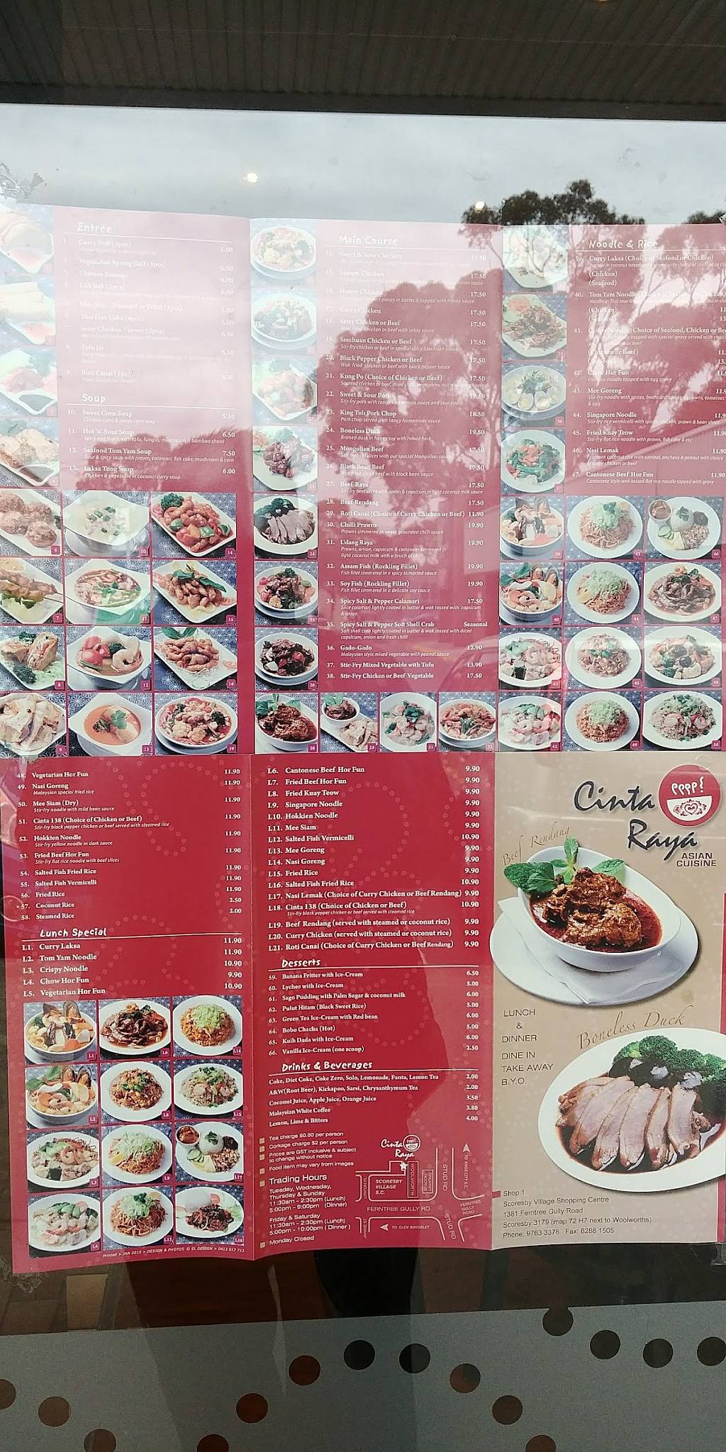 Menu at Cinta Raya Restaurant, Scoresby