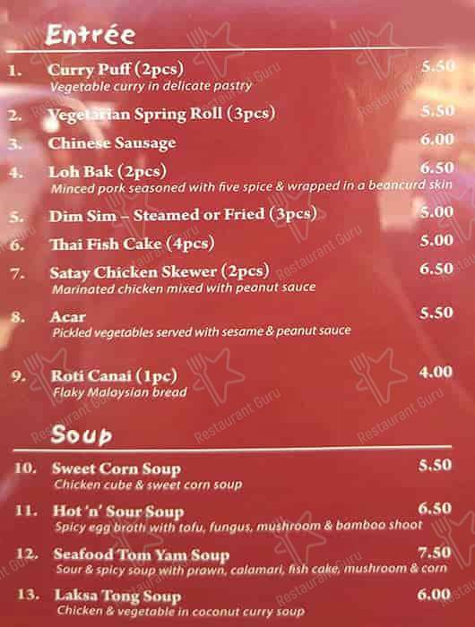 Menu at Cinta Raya Restaurant, Scoresby