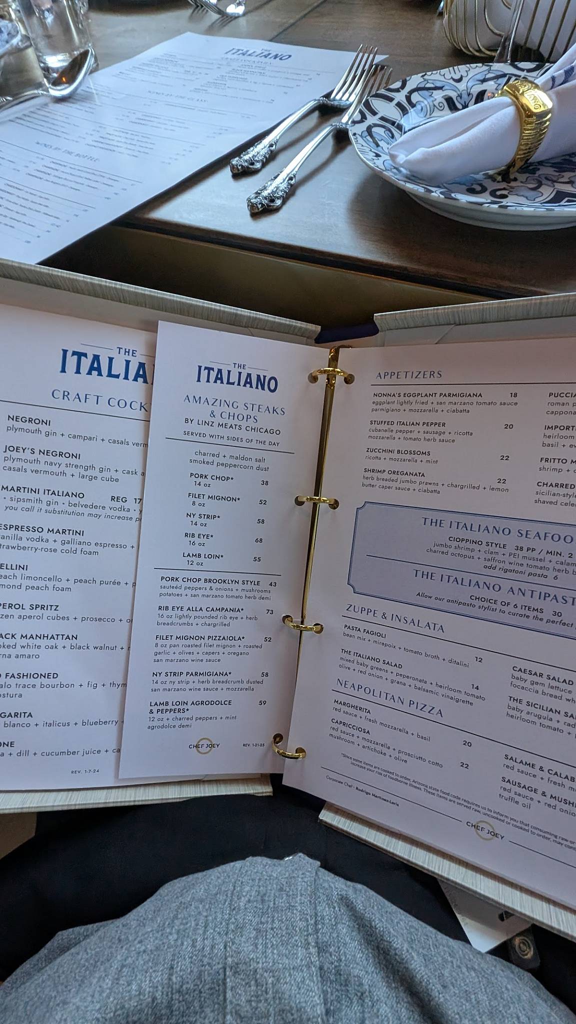 Menu at The Italiano restaurant, Scottsdale