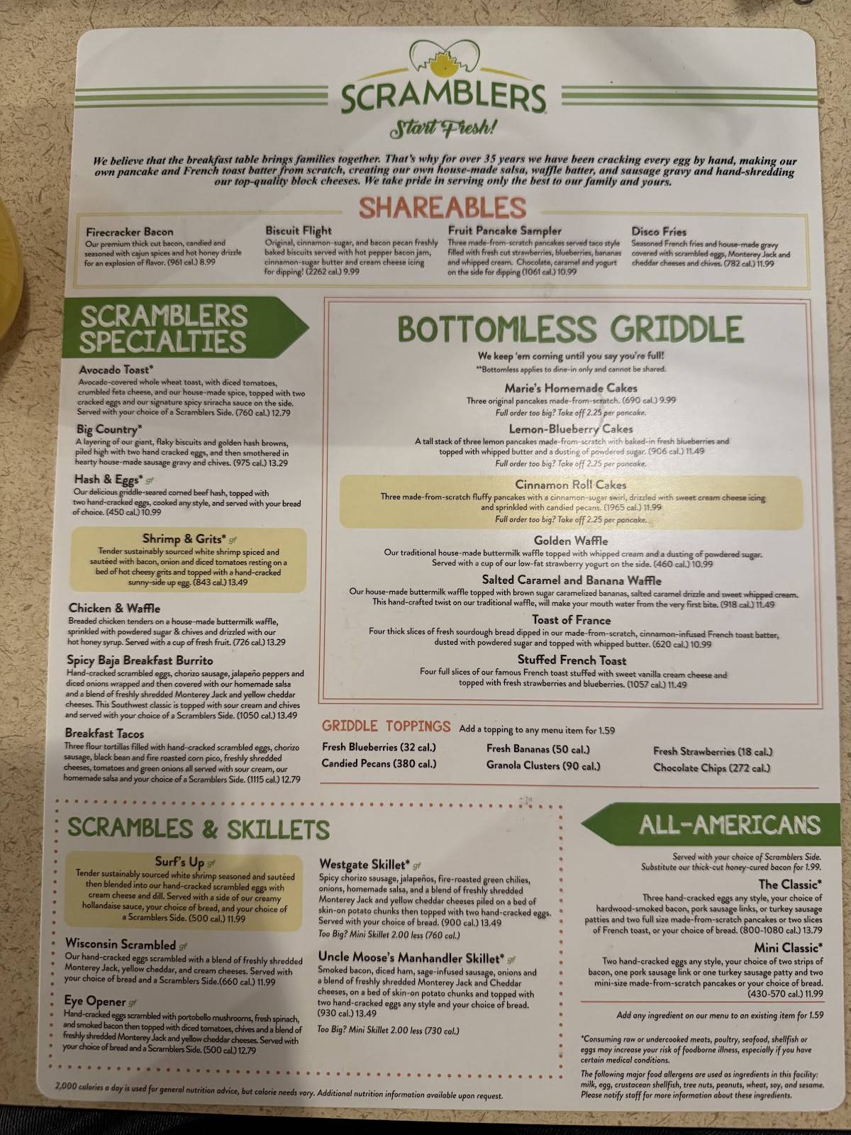 Menu at Scramblers restaurant, Findlay